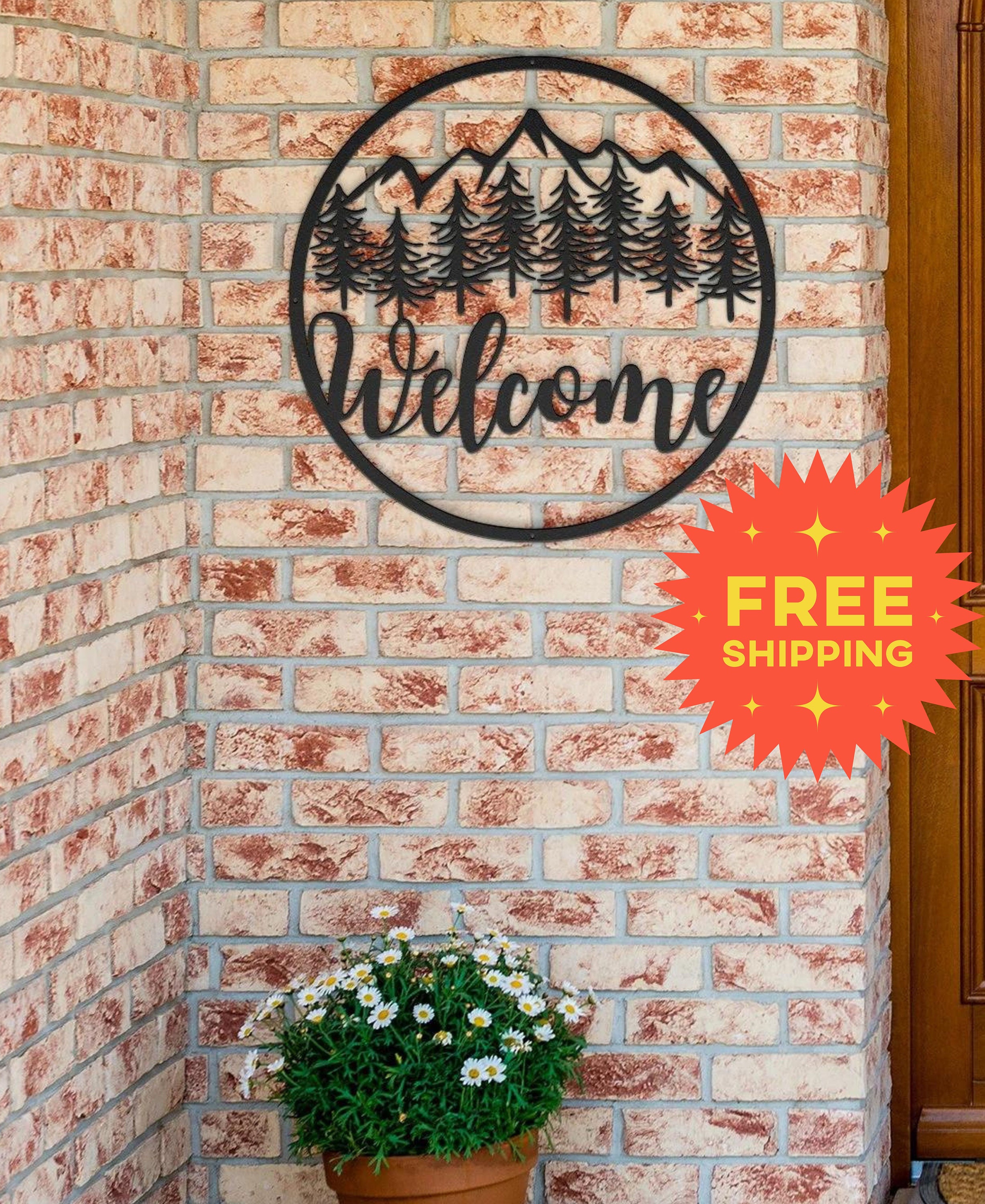Nature-inspired Welcome Sign Trees, Mountains, and Circle Frame Rustic ...