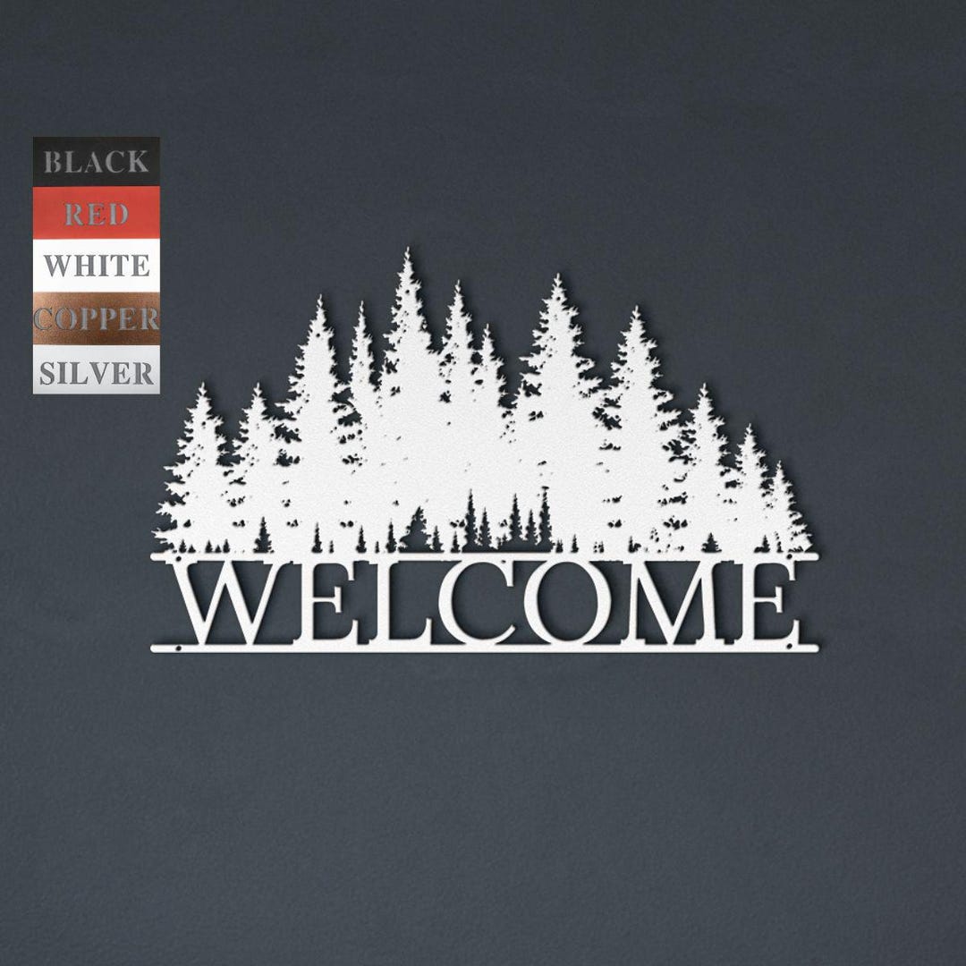 Evergreen Tree Welcome Sign, Pine Tree Wall Art, Wide Rustic Outdoor ...
