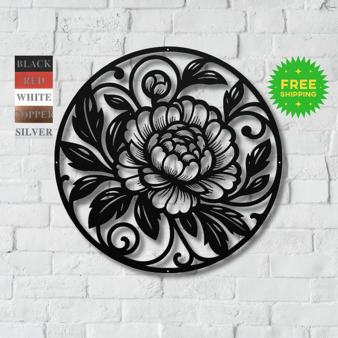 Metal Round Peony Wall Art | Botanical Circle Flower Decor | Indoor ...