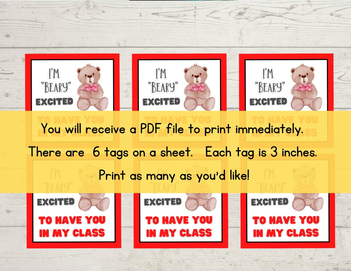 Welcome Back to School Treat Tag to Students From Teacher Beary Excited ...