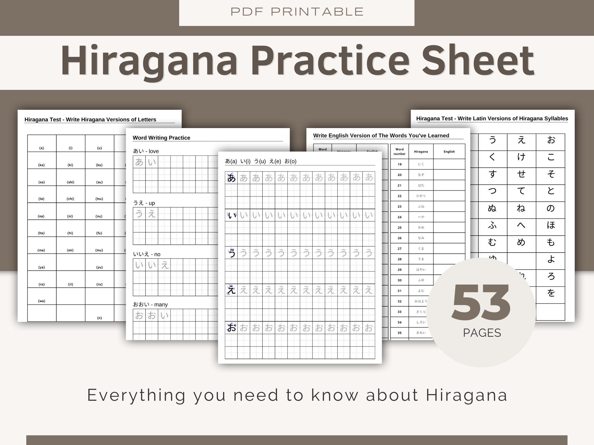 Japanese Hiragana Practice Sheet for Beginners - Etsy