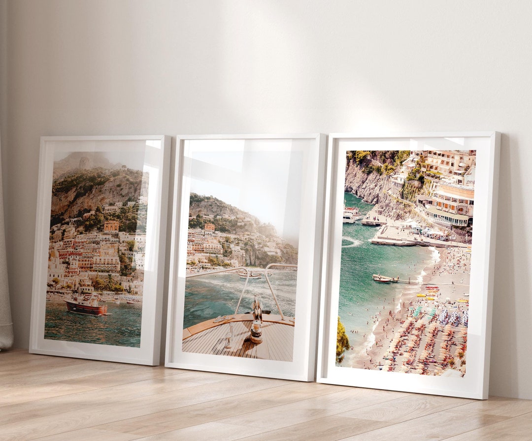 Set of 3 Italy Beach Prints, Amalfi Coast, Capri Blue and White ...