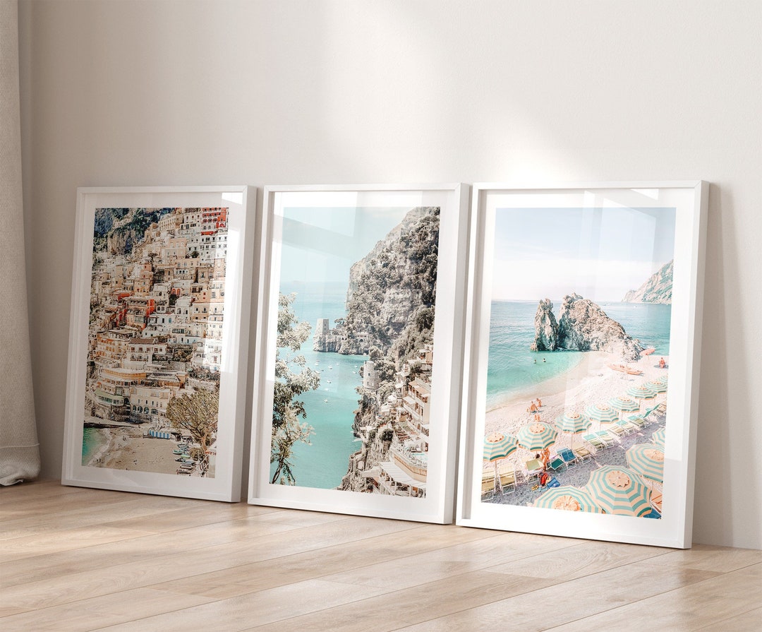 Set of 3 Italy Beach Prints, Amalfi Coast, Capri Blue and White ...