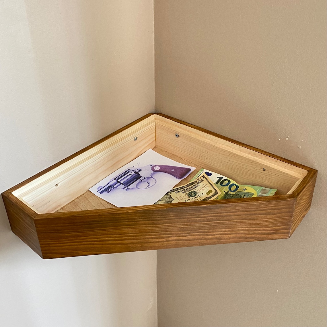 Hidden Storage, Pentagonal Corner Shelf, Floating Shelves, Easy Install, Custom Options, Wooden ...
