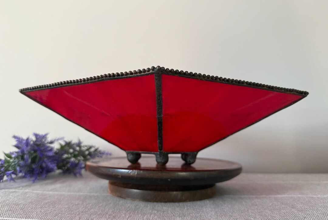 Vintage Red Slag Glass Footed 7 Panel Leaded Bowl Beaded Edge *rare ...