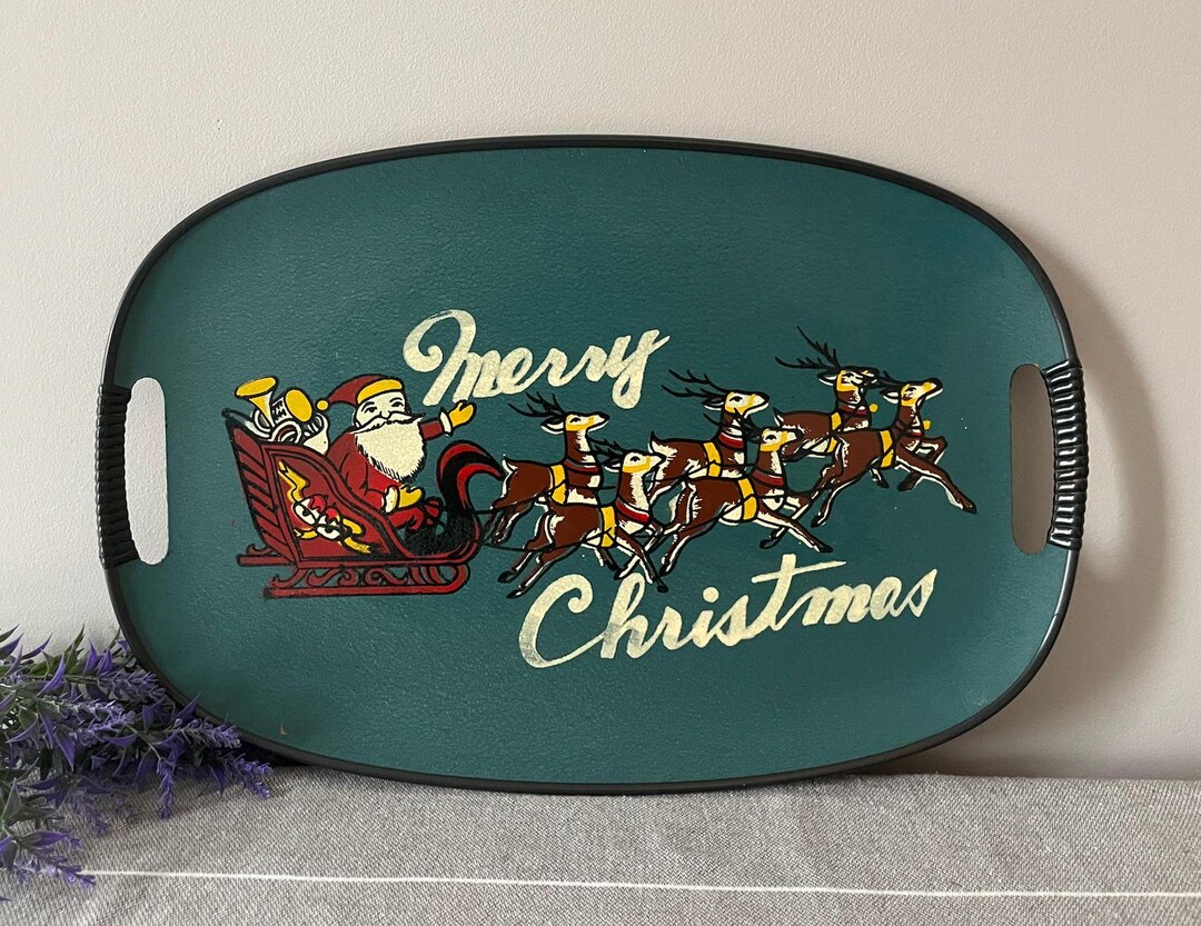 Vintage Merry Christmas Tray Santa and His Sleigh Teal and Black Japan ...