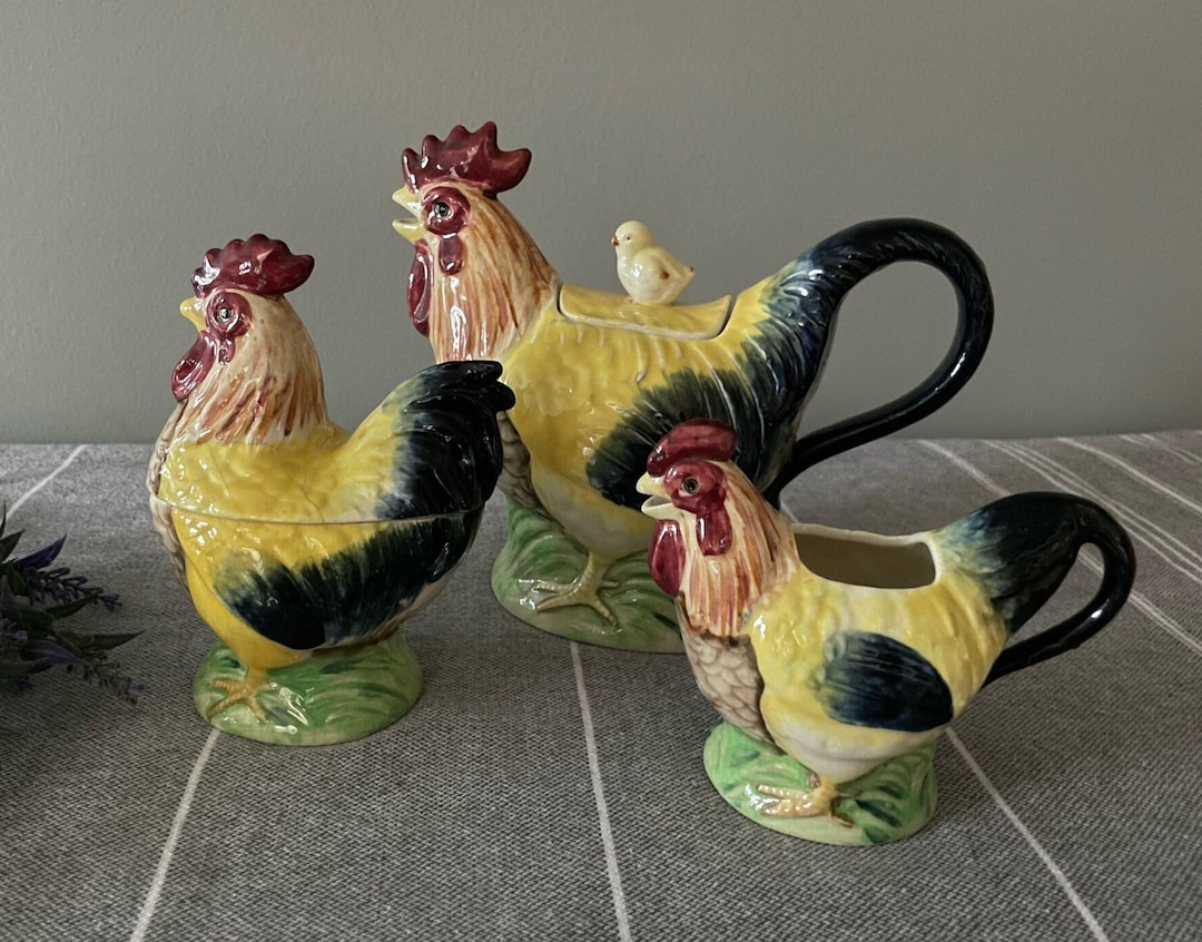 Vintage Marutomoware Rooster Teapot, Cream and Sugar Set Hand Painted ...