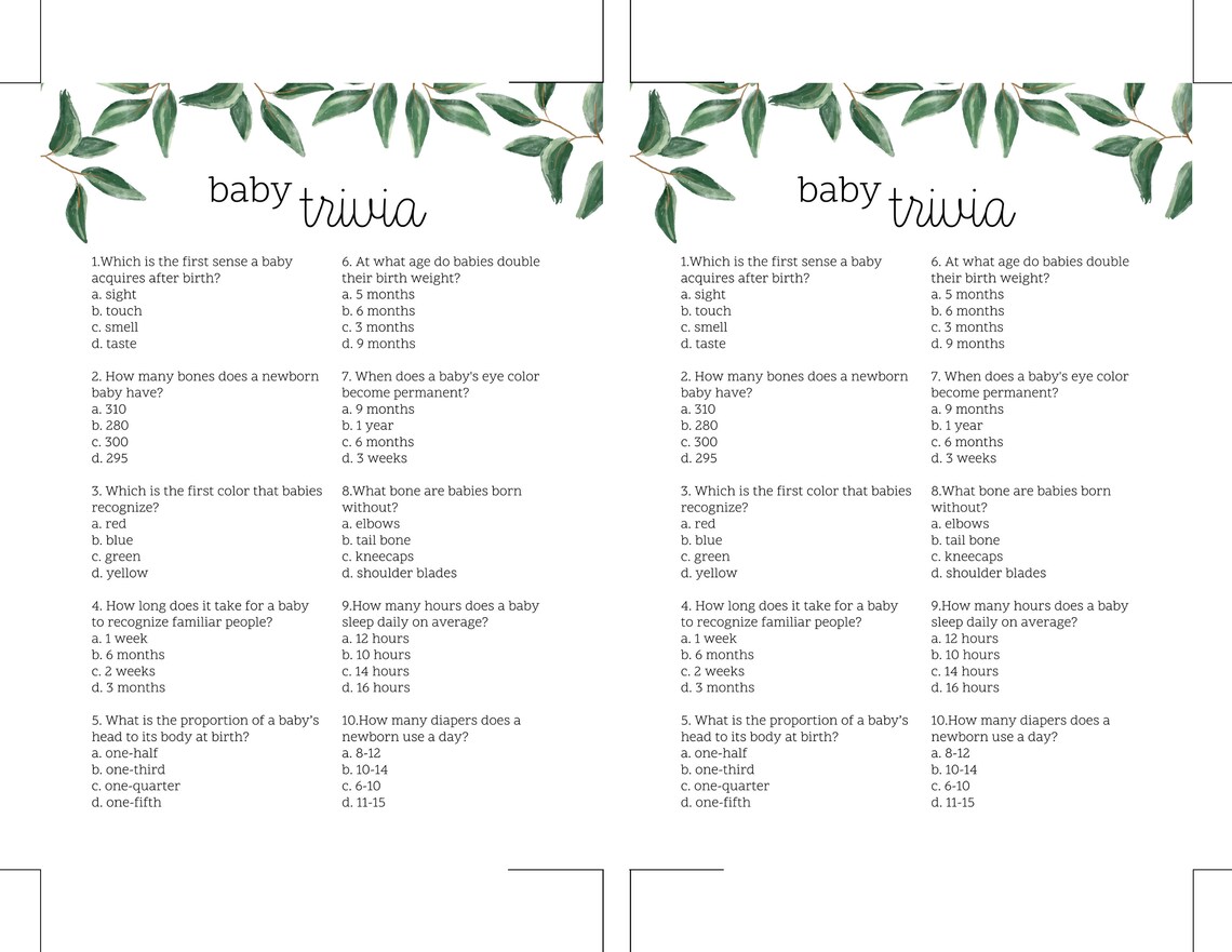 Baby Trivia Printable Baby Shower Game Watercolor Greenery Design ...