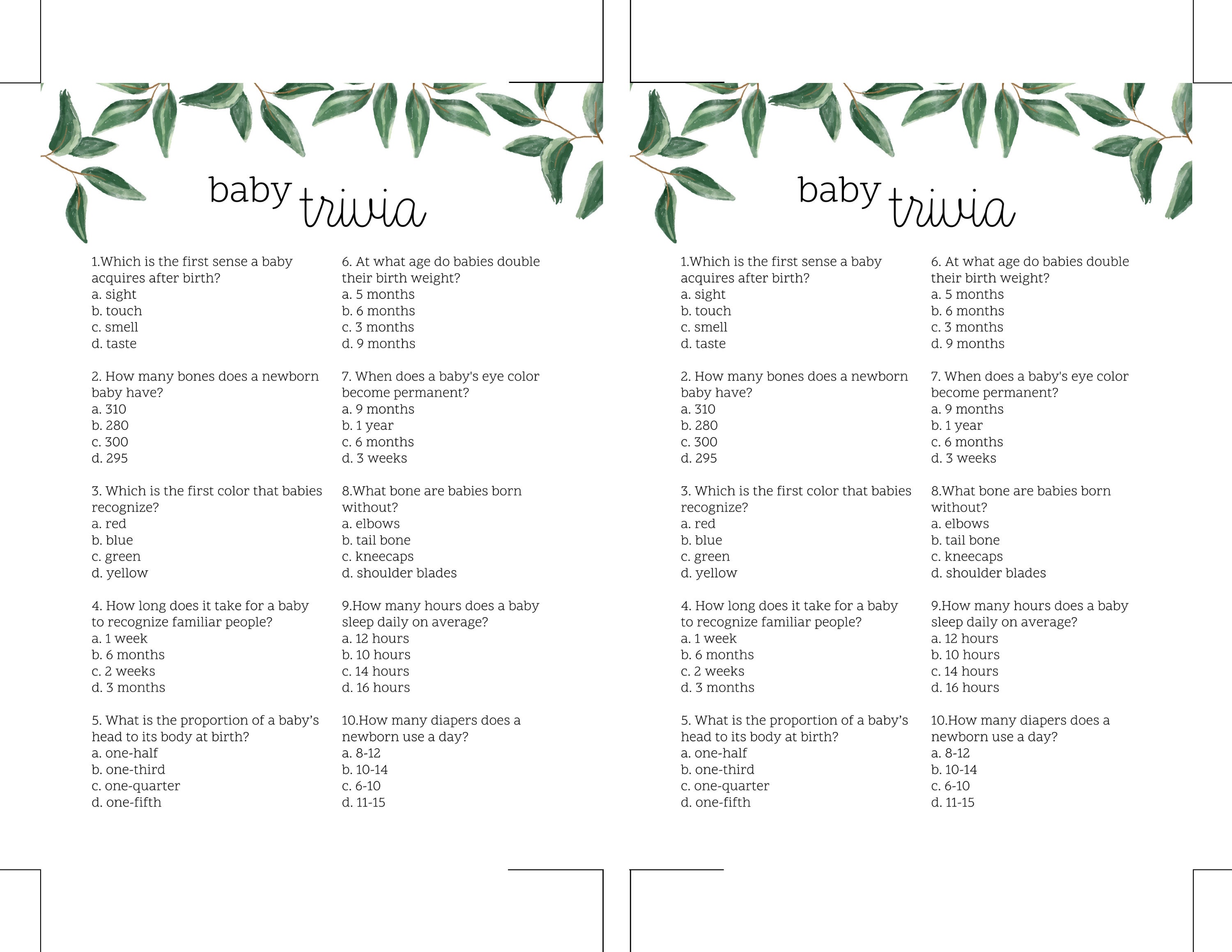 Baby Trivia Printable Baby Shower Game Watercolor Greenery Design ...