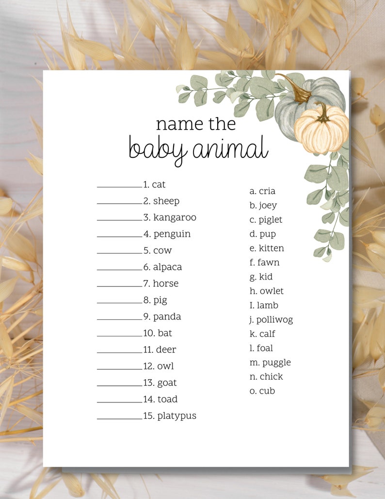 Name the Baby Animal Printable Fall Baby Shower Game Pumpkin Greenery ...