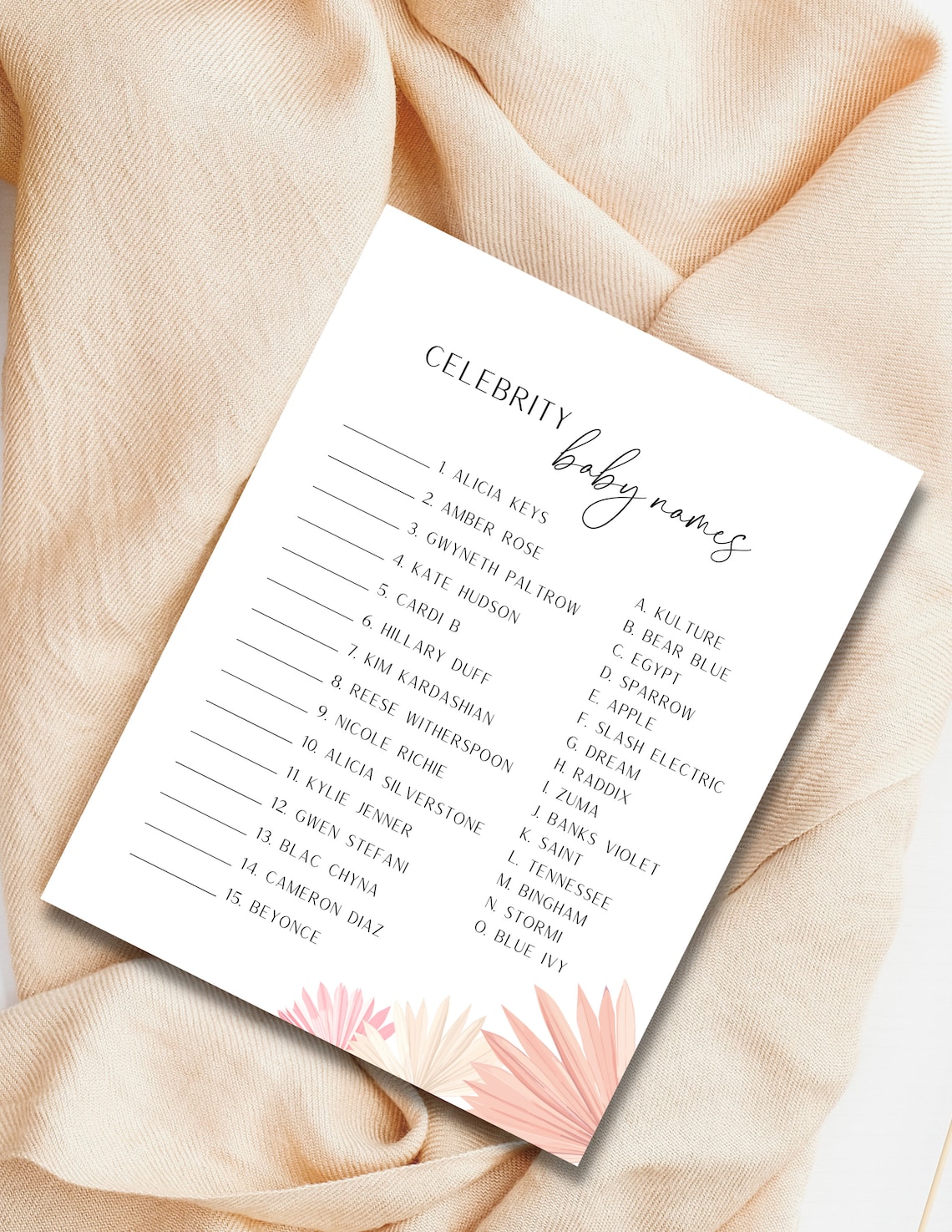 Boho Celebrity Baby Name Printable Baby Shower Game With Pink Palms ...
