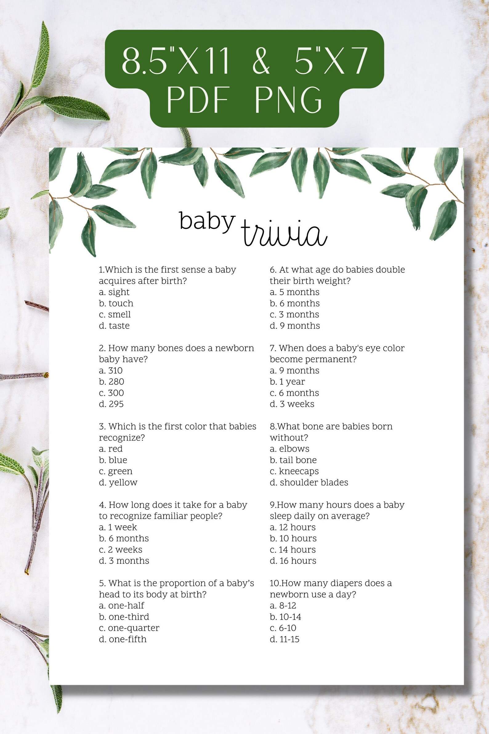 Baby Trivia Printable Baby Shower Game Watercolor Greenery Design ...