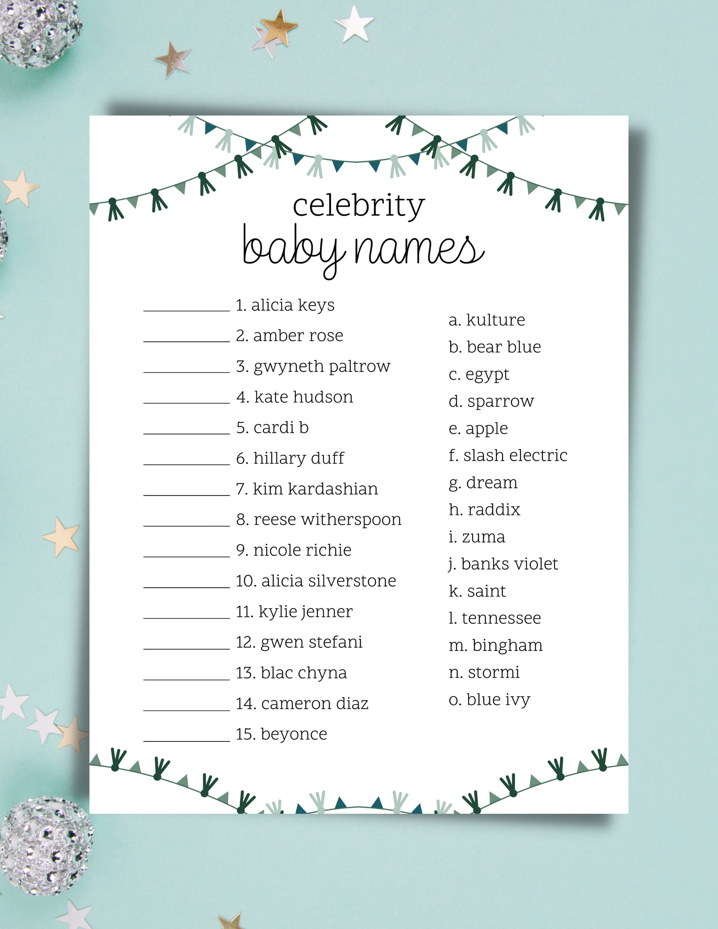 Celebrity Baby Name Printable Baby Shower Game With Green Tassel ...