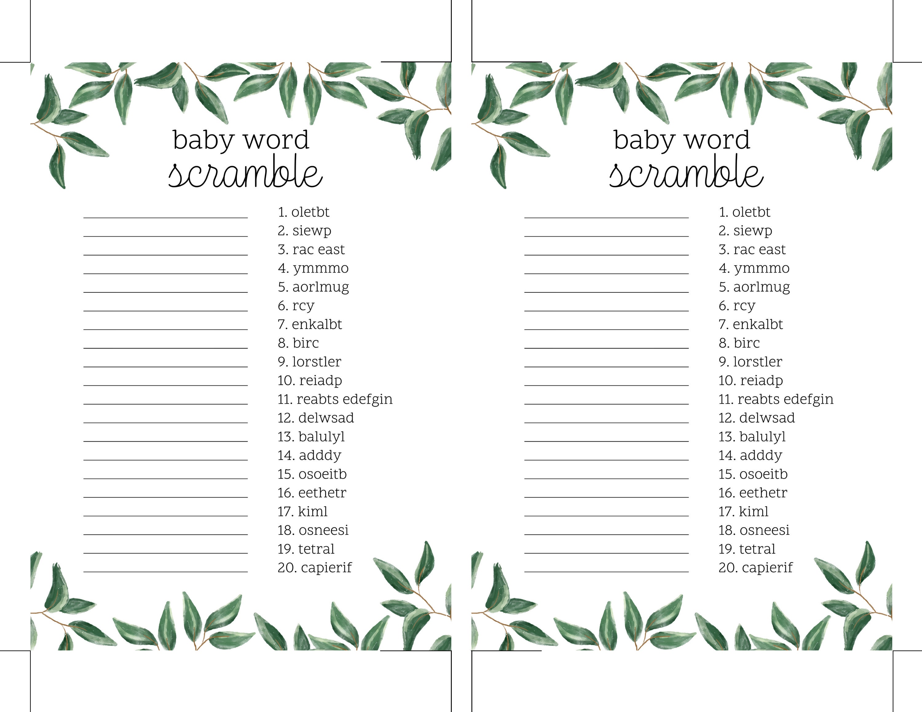 Baby Word Scramble Printable Baby Shower Game With Watercolor Greenery ...