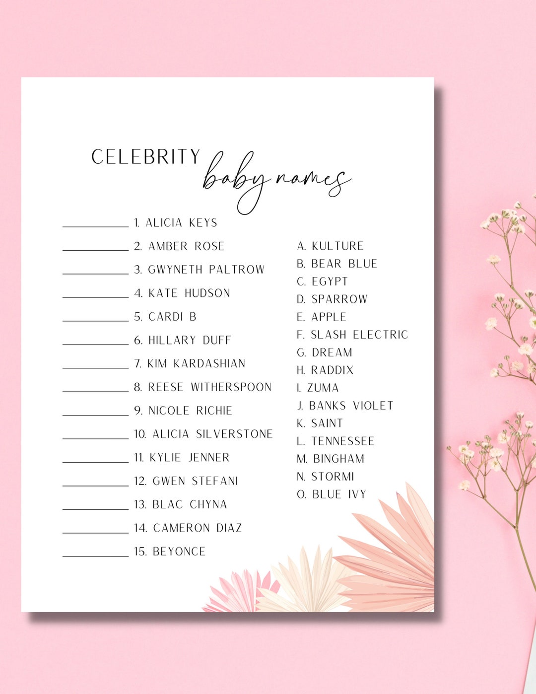 Boho Celebrity Baby Name Printable Baby Shower Game With Pink Palms ...