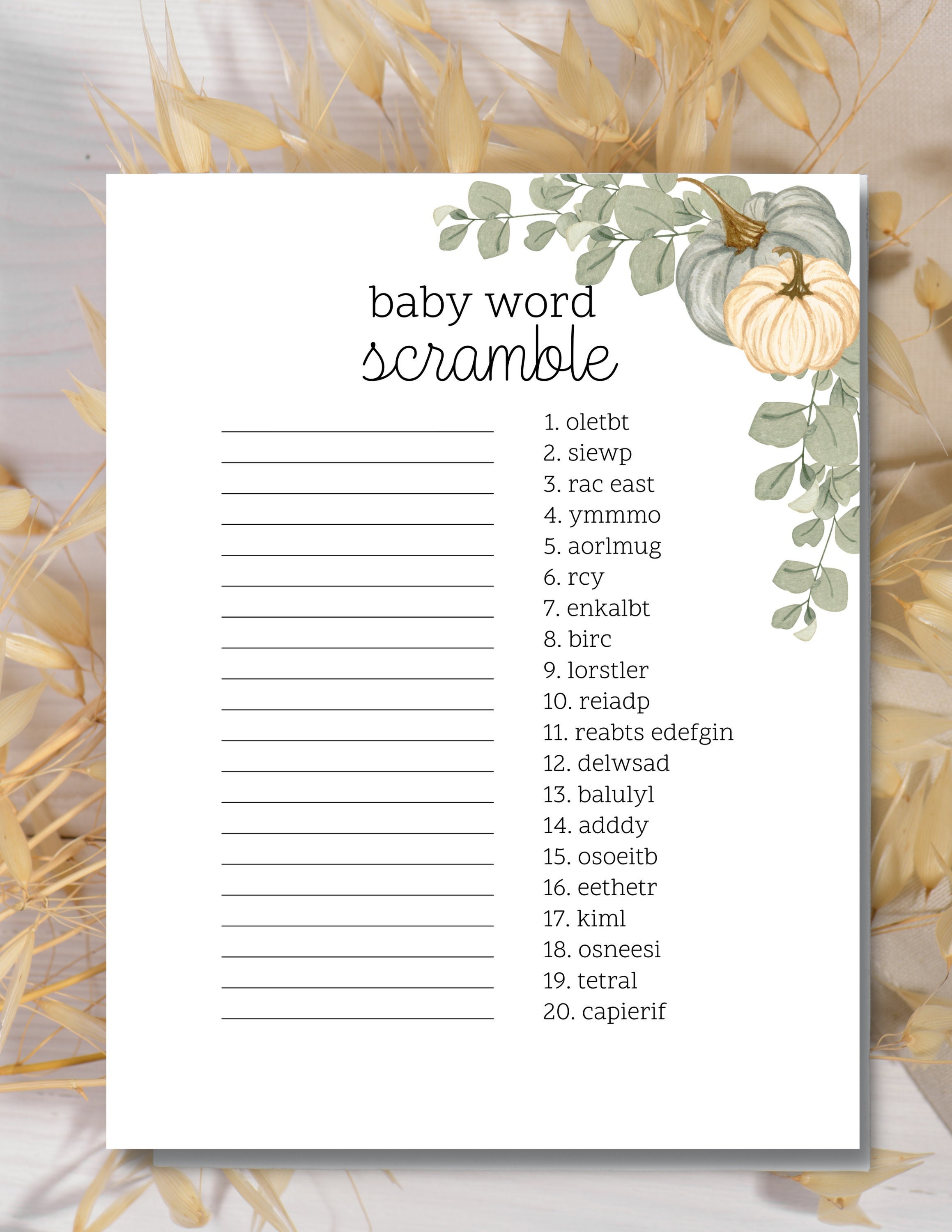 Baby Word Scramble Printable Fall Baby Shower Game Pumpkin - Etsy