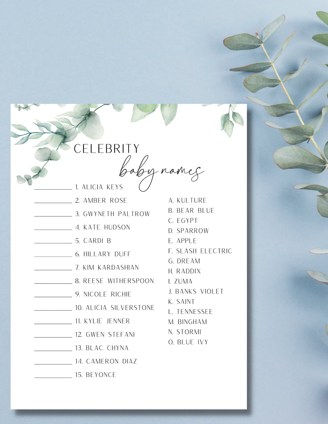 Celebrity Baby Name Printable Baby Shower Game Green Eucalyptus Design ...