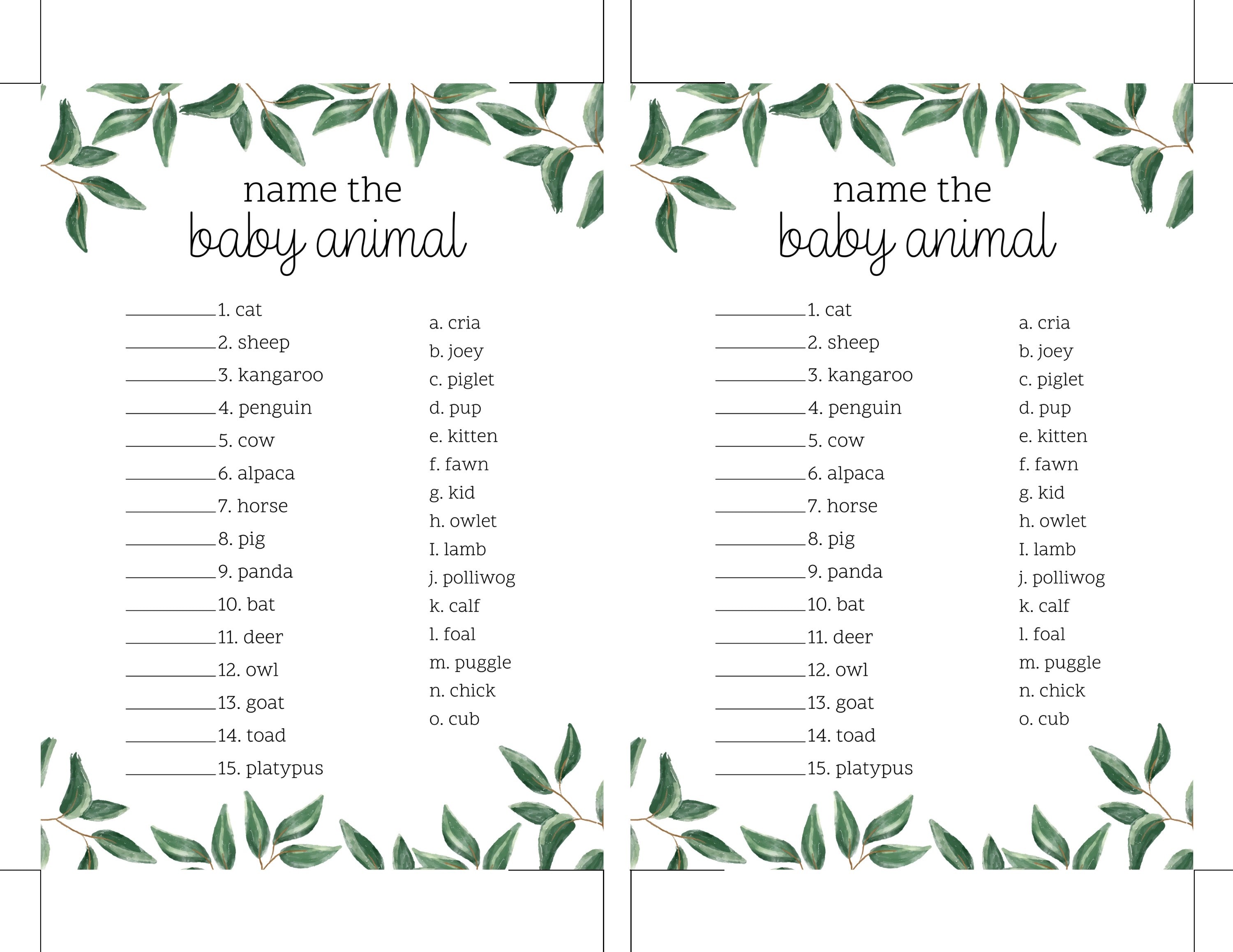 Name the Baby Animal Printable Baby Shower Game With Watercolor ...