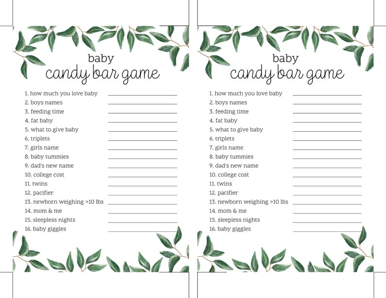 Baby Candy Bar Game Printable Baby Shower Game With Watercolor Greenery ...