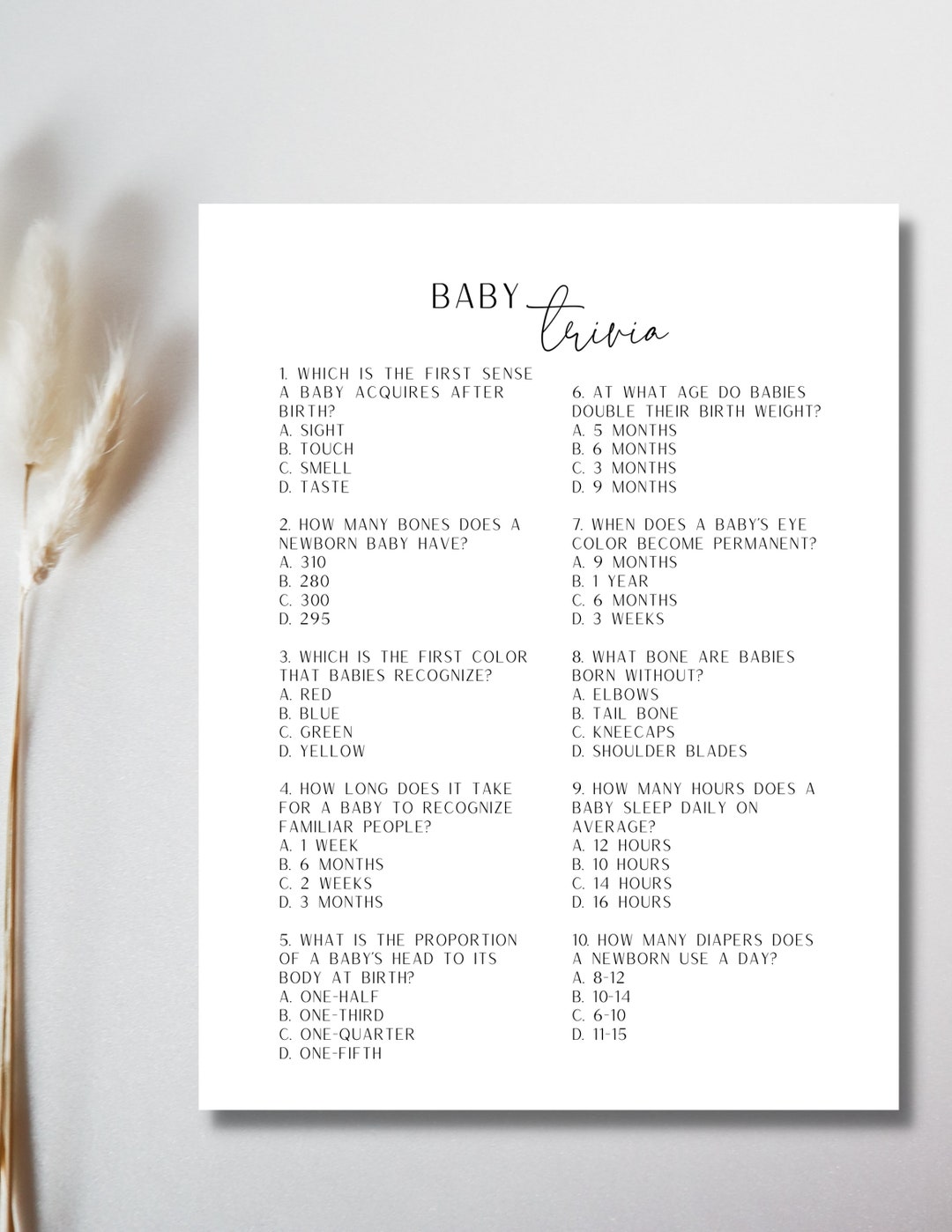 Baby Trivia Printable Baby Shower Game Instant Download PDF PNG 8.5x11 ...