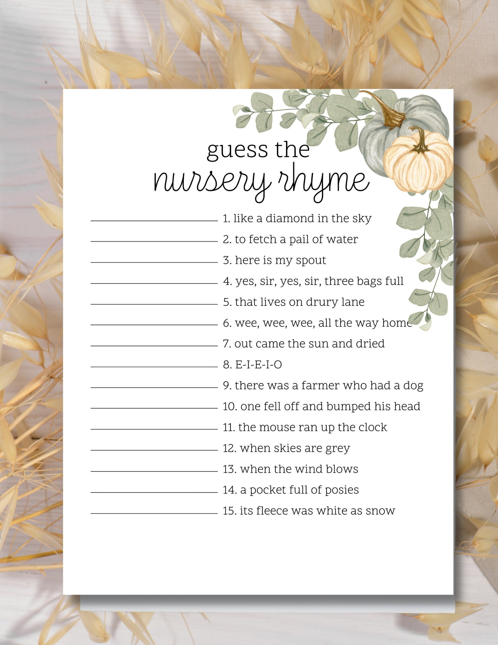 Guess the Nursery Rhyme Printable Baby Shower Game Pumpkin - Etsy