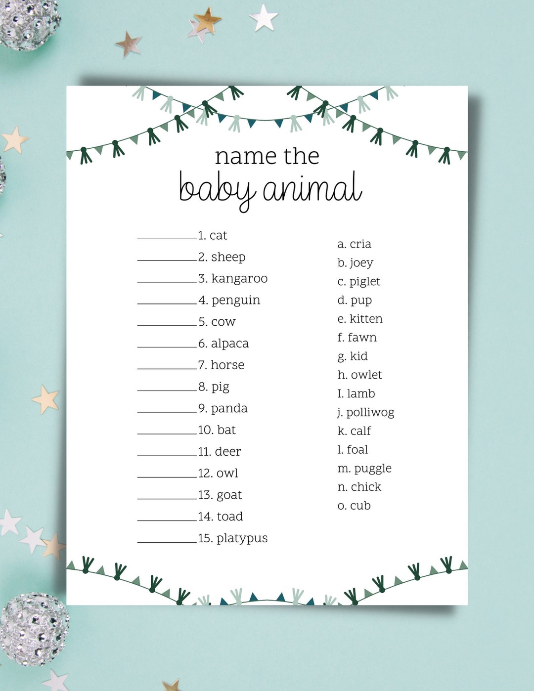 Name the Baby Animal Printable Baby Shower Game With Green Tassel ...