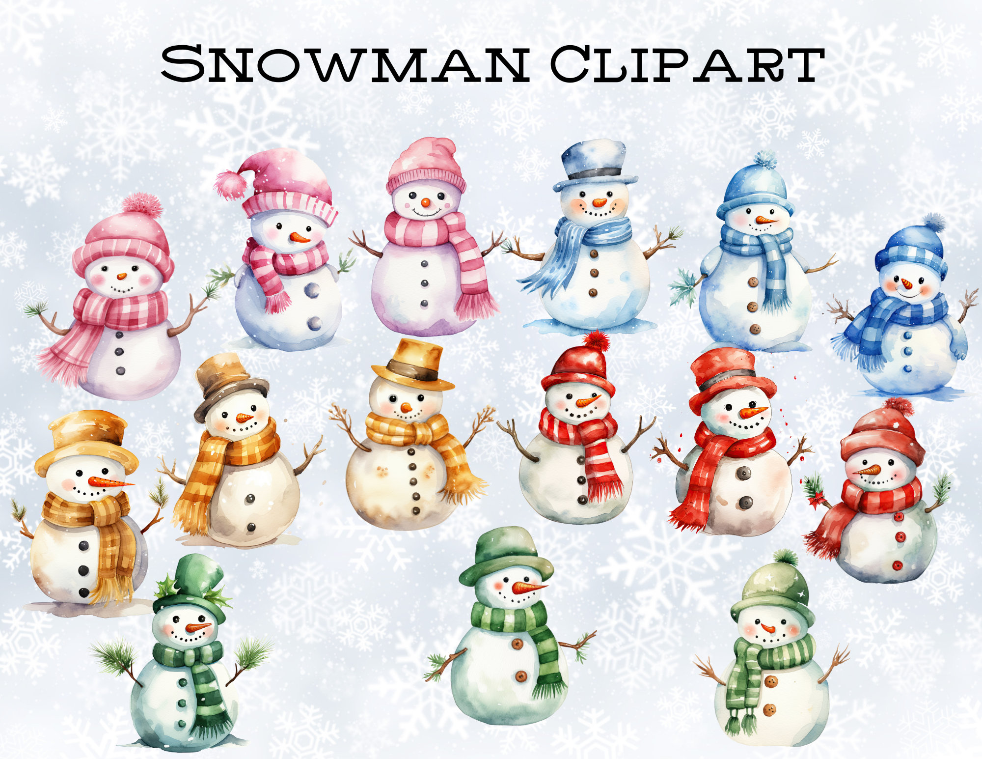 Snowman Clipart, 15 Individual Snowman Images, Colorful Snowmen Clipart ...