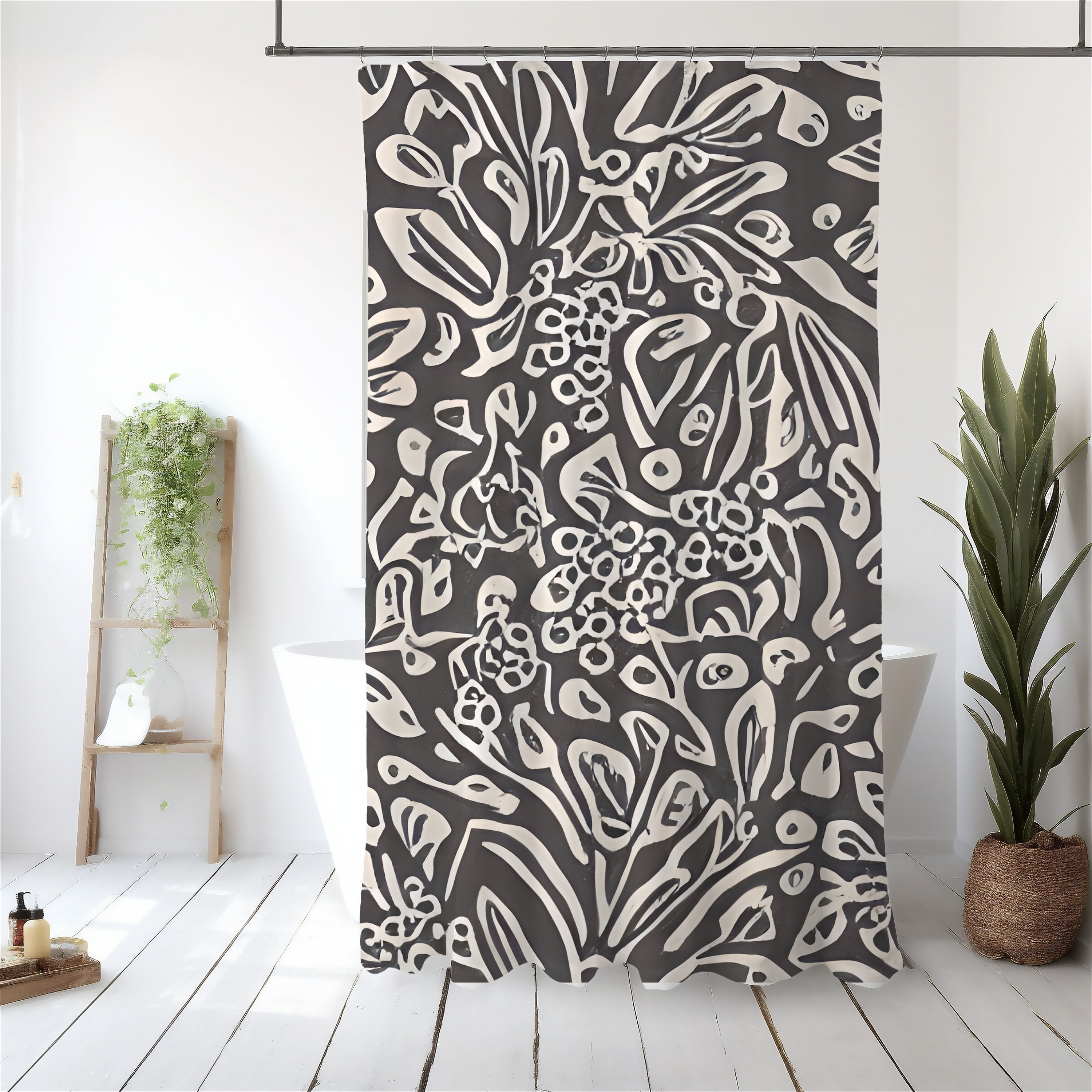 Botanical Shower Curtain Boho Shower Curtain Dark Grey Shower Curtain
