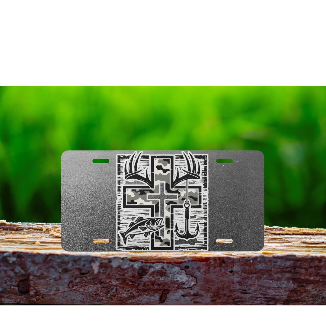 Hunting License Plate, Deer Antler & Fishing Hook Truck Tag, Camouflage ...