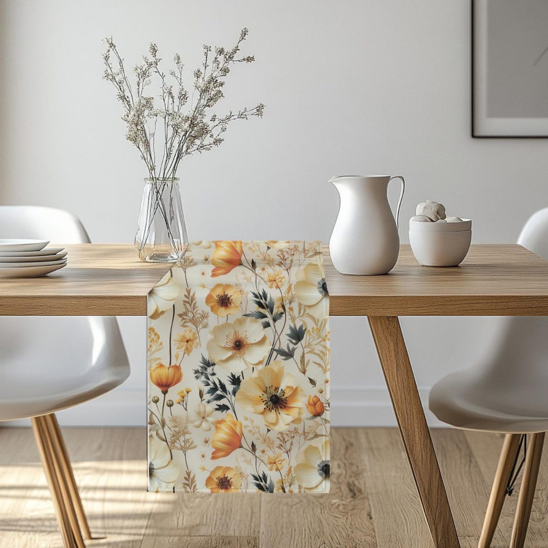 Neutral Floral Table Runner for Fall | Modern Boho Kitchen Decor ...