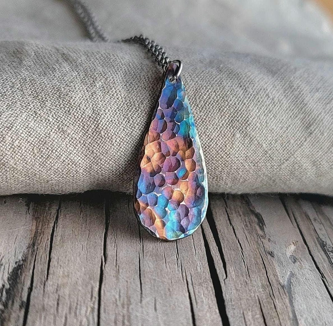 Flame Painted Hammered Copper Teardrop Pendant • Multicolored Handmade ...