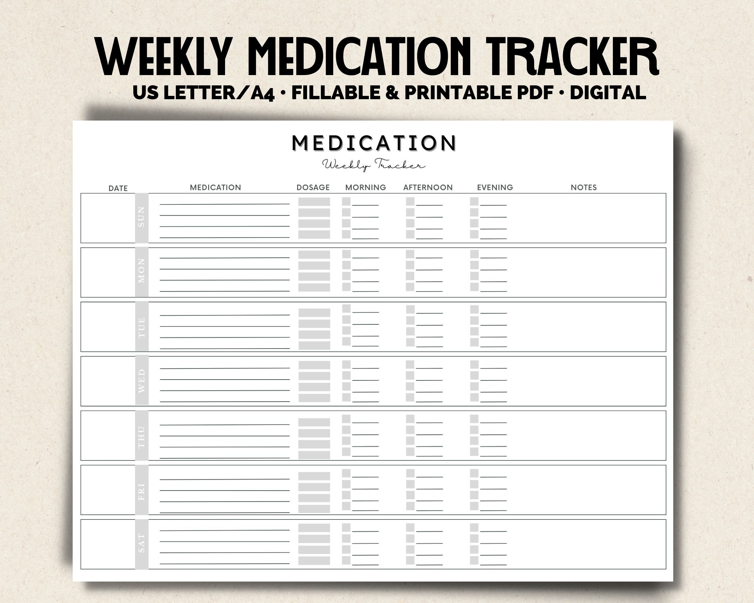 Weekly Medication Tracker: Fillable Printable Chart (digital Download ...