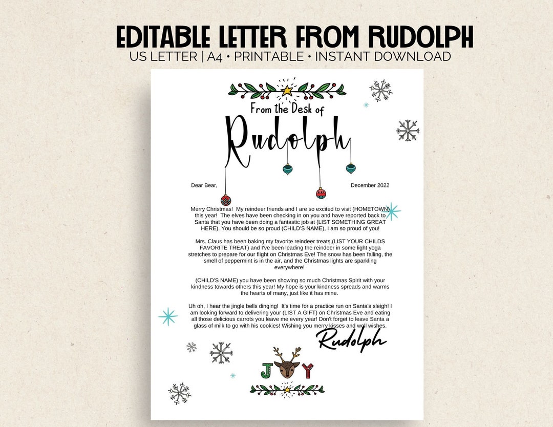 Editable Letter From Rudolph: Printable Christmas Keepsake (PDF) - Etsy