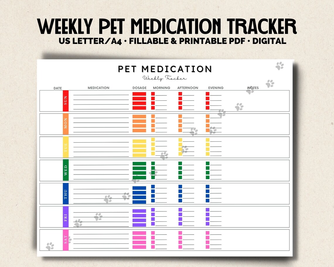 Weekly Pet Medication Tracker: Fillable Printable Chart (PDF) - Etsy