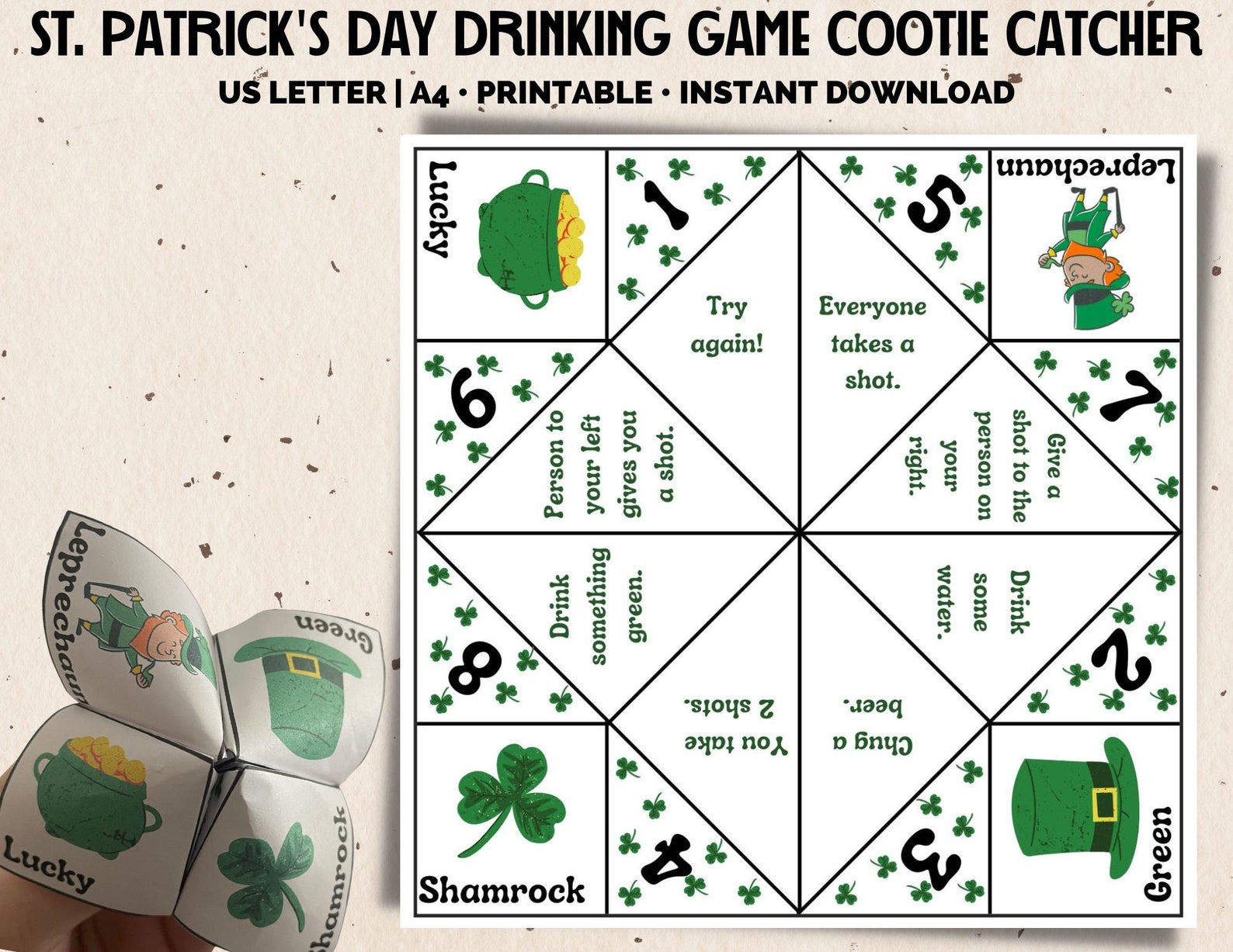 St. Patrick's Day Drinking Games Cootie Catcher - Printable Adult ...