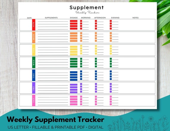 Supplement Tracker Weekly Supplement Fillable Printable & - Etsy