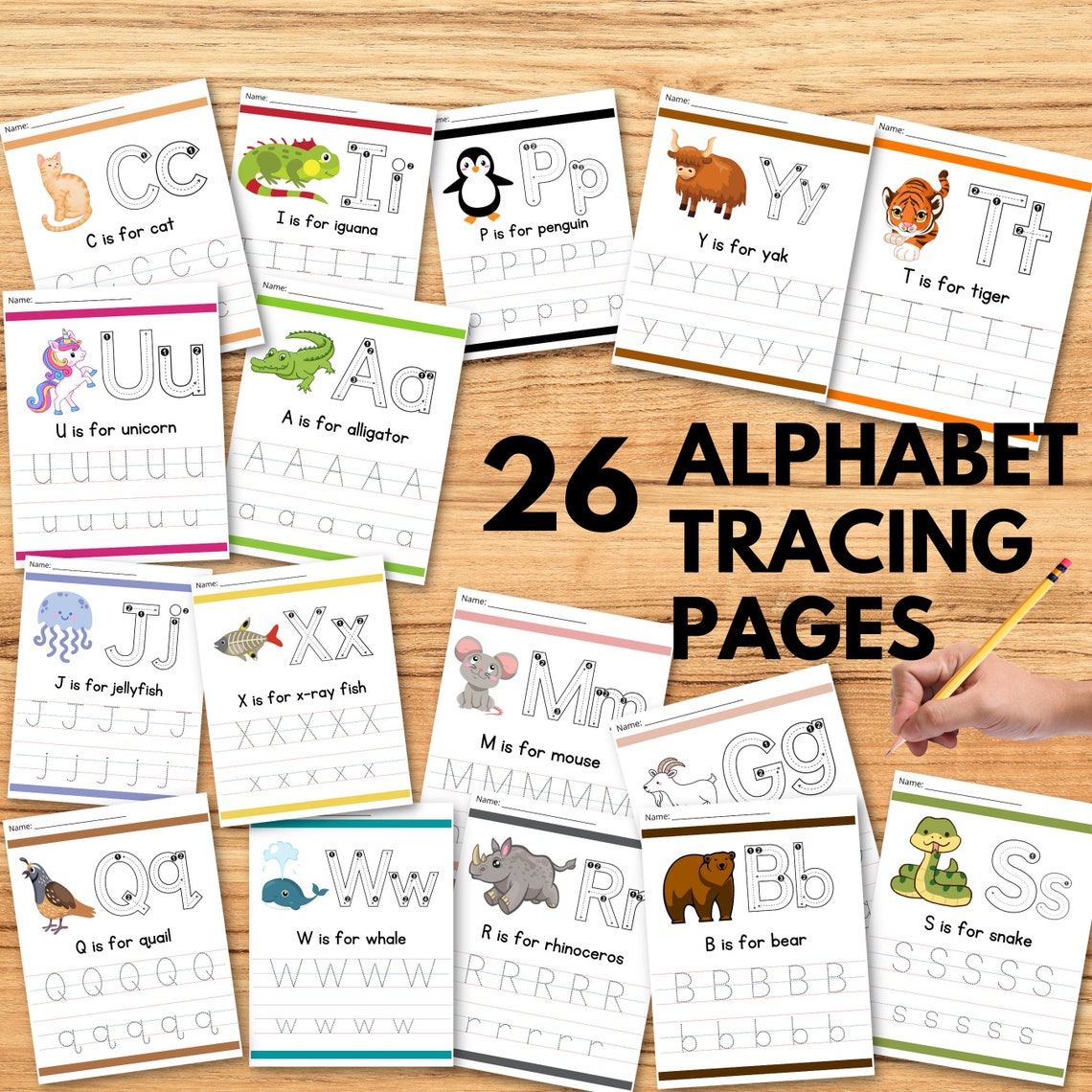26 Printable Alphabet Tracing Pages 26 Letters With Animals Uppercase ...