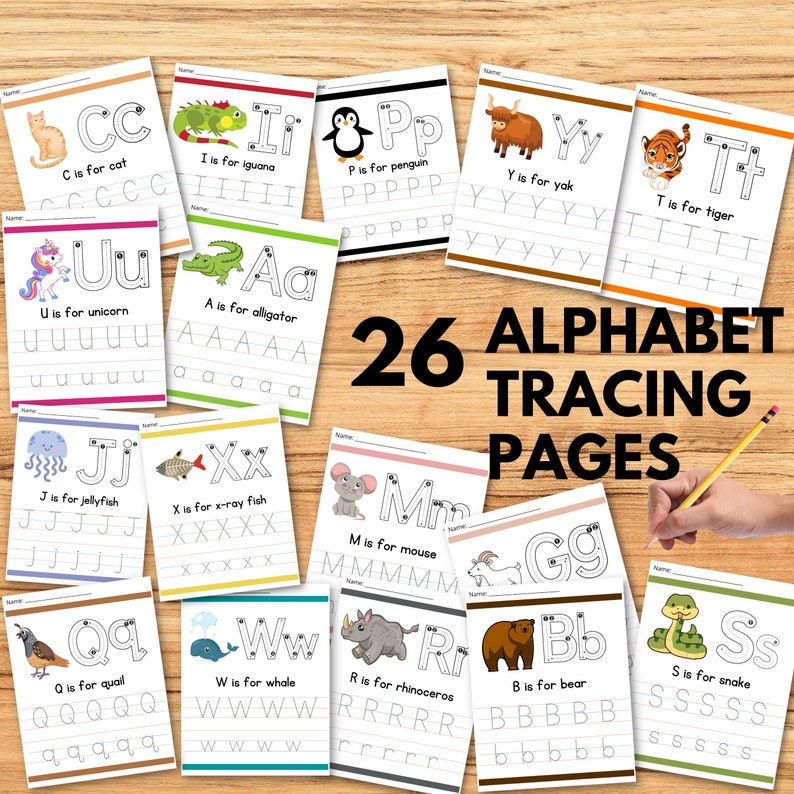 26 Printable Alphabet Tracing Pages 26 Letters With Animals Uppercase ...
