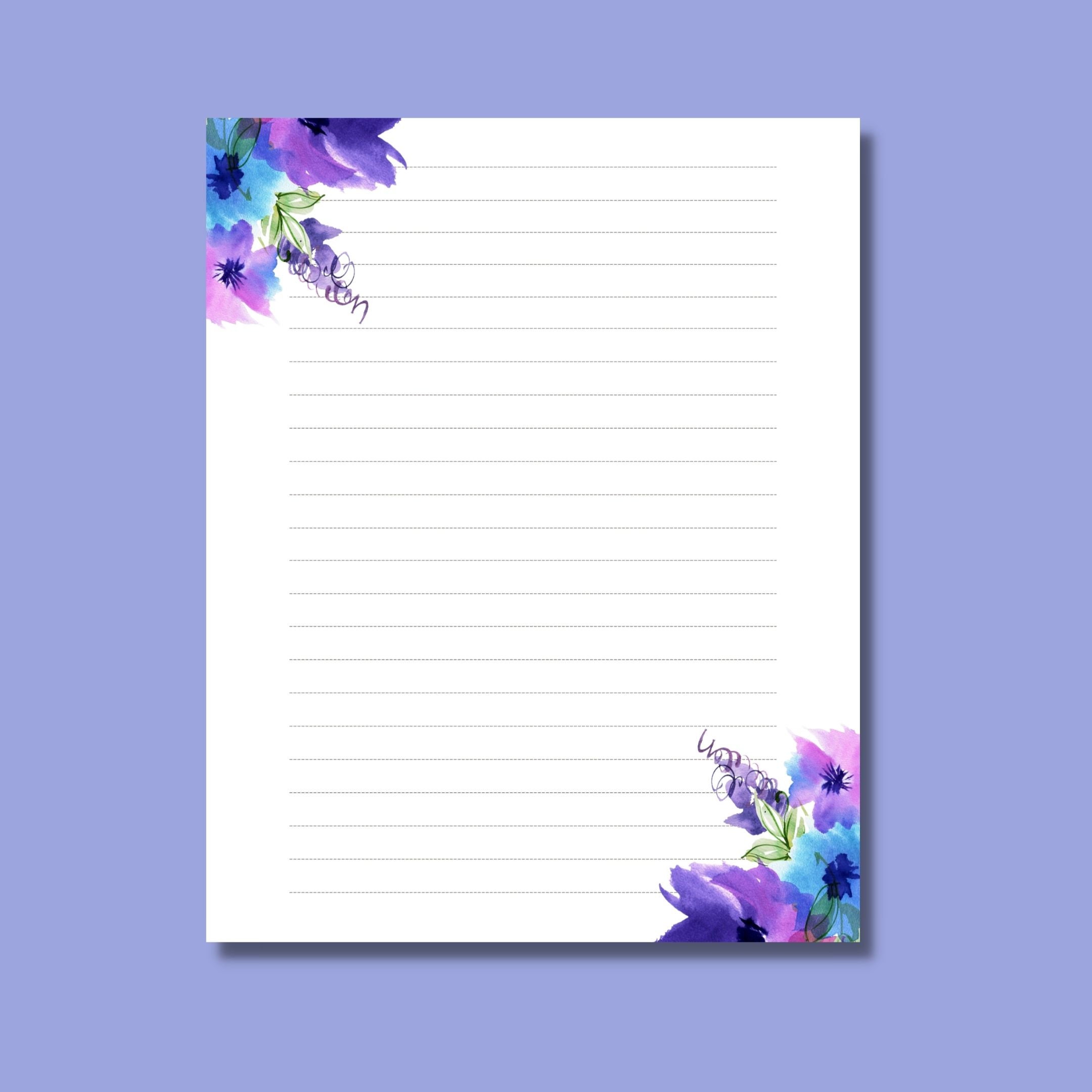 Purple Watercolor Flowers Printable Stationery 8.5x11 Printable Paper ...