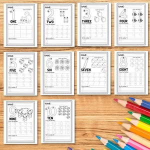 10 Printable Numbers Trace Color and Count Worksheets #'s 1 - 10 PDF ...