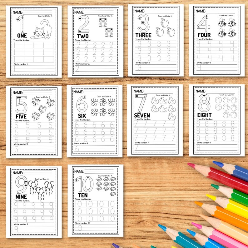 10 Printable Numbers Trace Color and Count Worksheets 's 1 10 PDF ...
