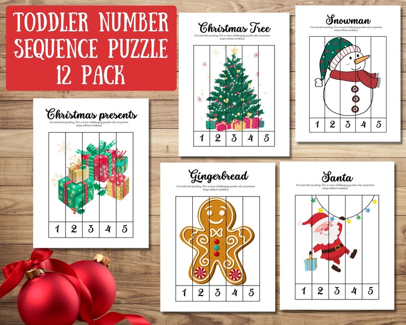 Toddler Printable Puzzle, Number Sequence Puzzle 1-5 Christmas Themed ...