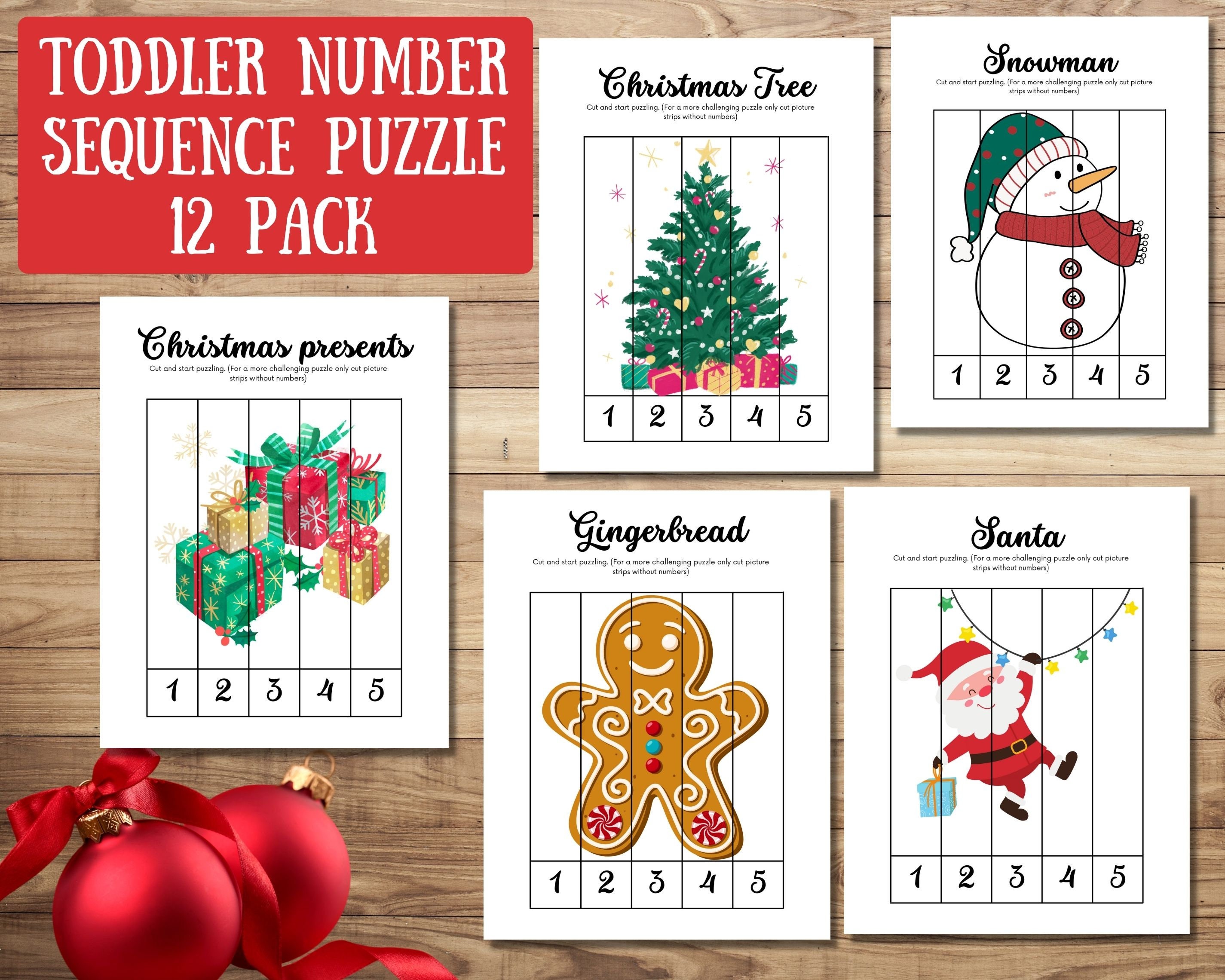 Toddler Printable Puzzle, Number Sequence Puzzle 1-5 Christmas Themed ...