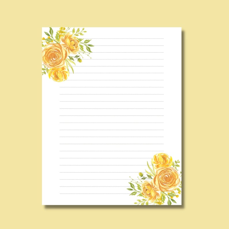 Yellow Flowers Printable Stationery 8.5x11 Printable Paper, Instant ...