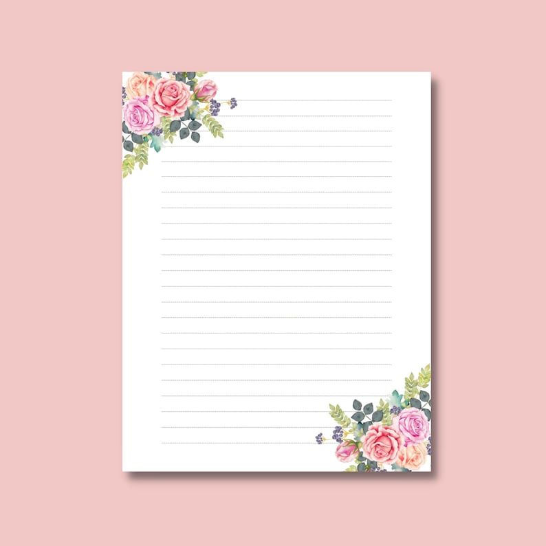Pink Roses Printable Stationery 8.5x11 Digital Printable Paper, Instant ...