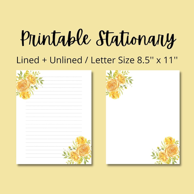 Yellow Flowers Printable Stationery 8.5x11 Printable Paper, Instant ...