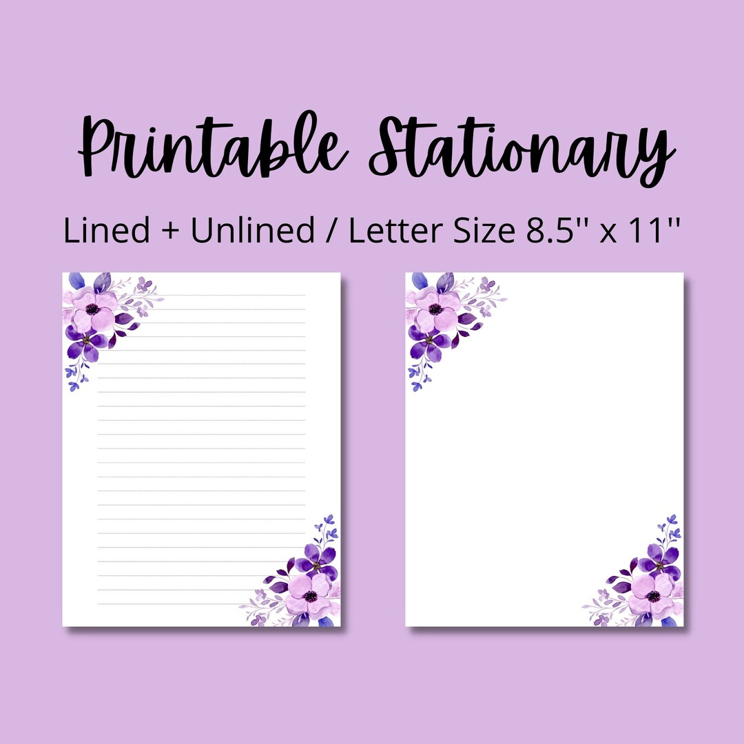 Purple Flowers Printable Stationery 8.5x11 Printable Paper, Instant ...