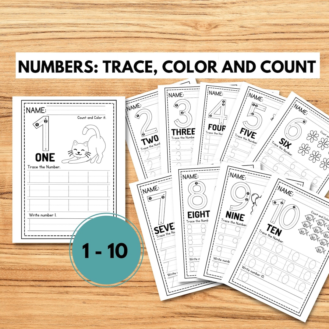 10 Printable Numbers Trace Color and Count Worksheets #'s 1 - 10 PDF ...