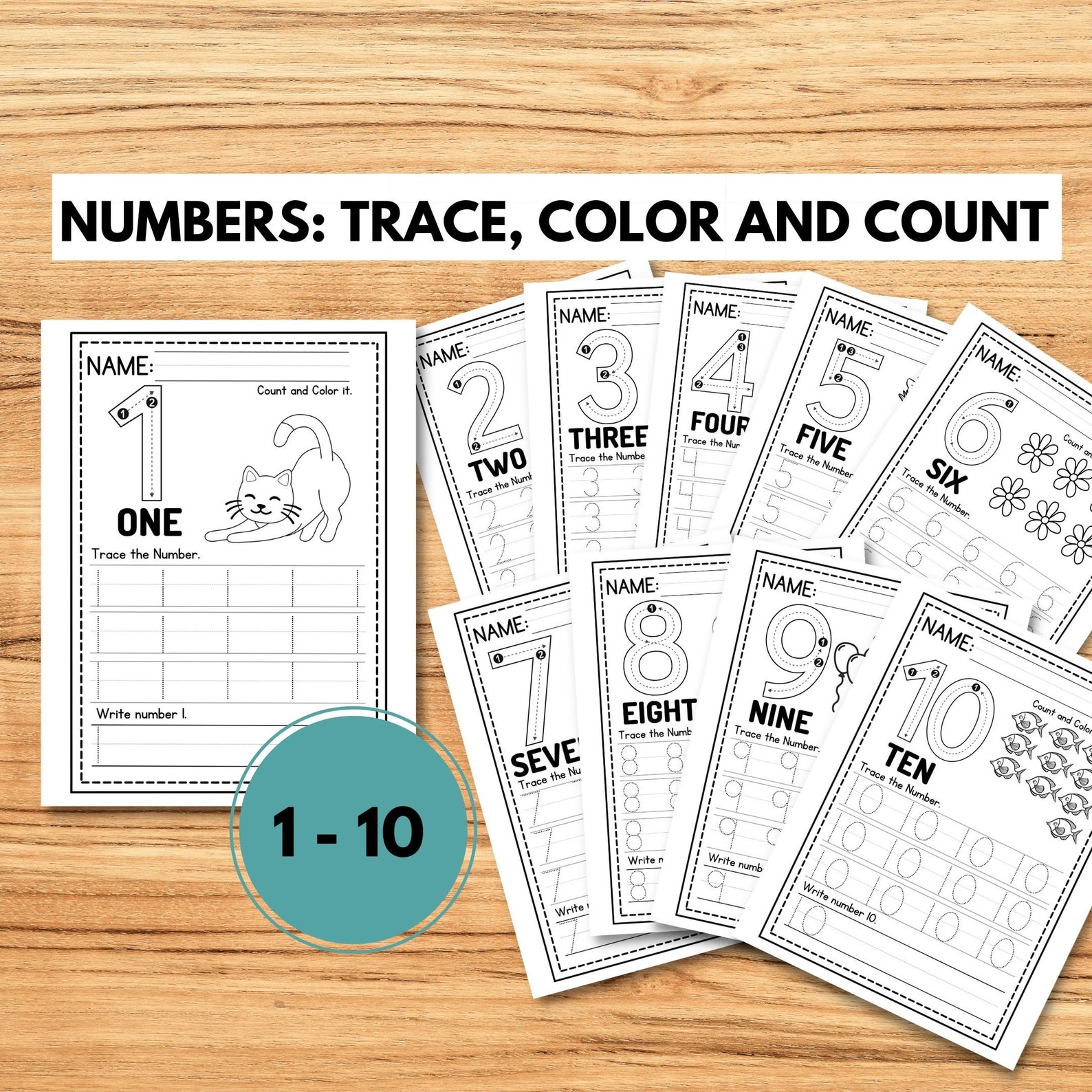 10 Printable Numbers Trace Color and Count Worksheets 's 1 10 PDF ...