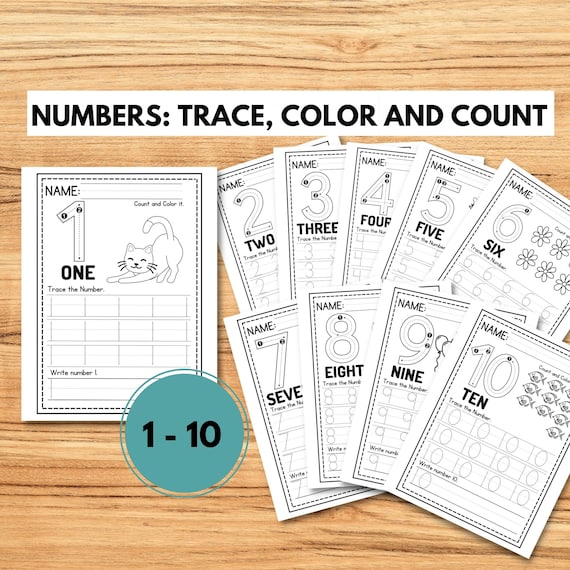 10 Printable Numbers Trace Color and Count Worksheets 's - Etsy